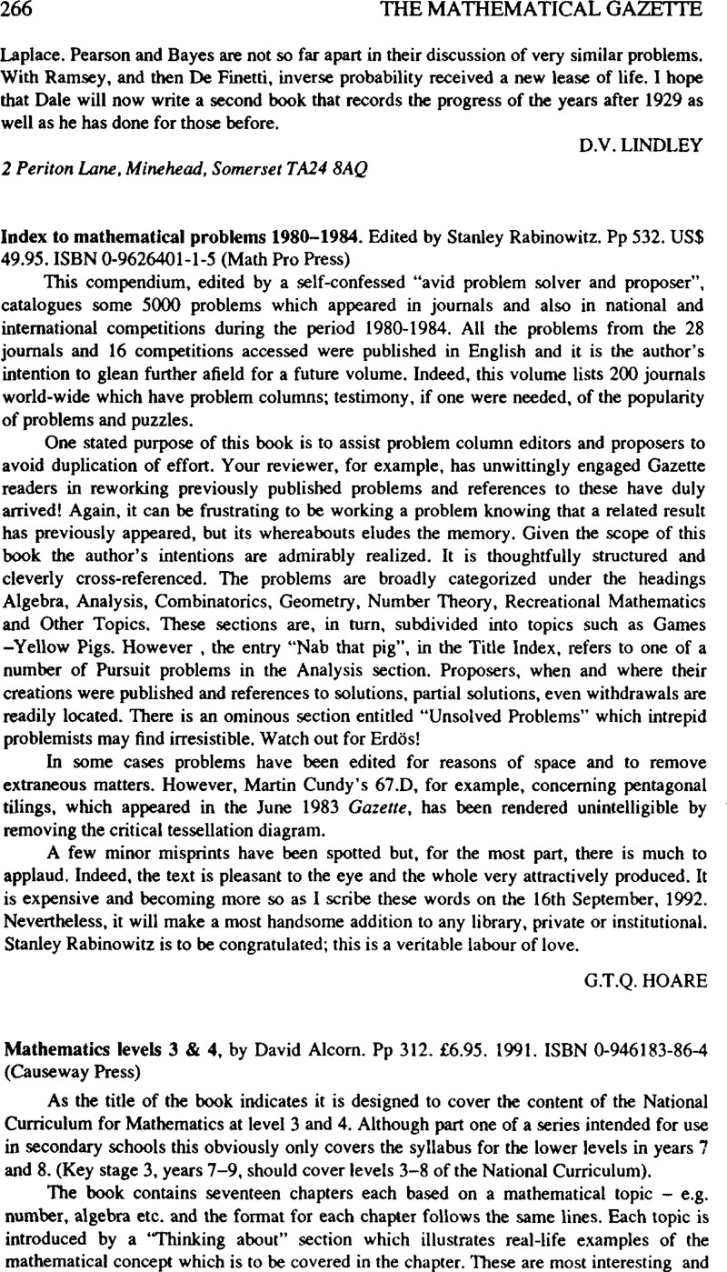 Mathematics levels 3 & 4, by David Alcorn. Pp 312. £6.95. 1991. ISBN 0 ...