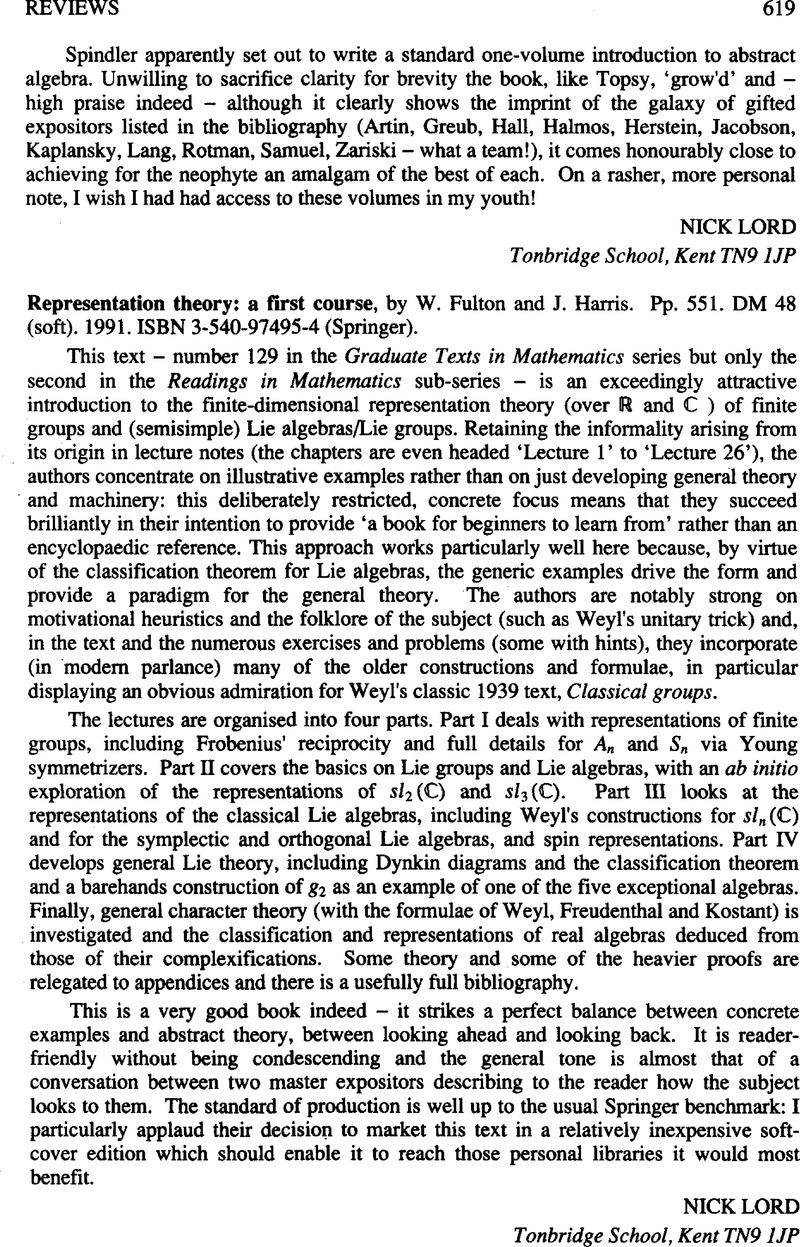 Representation theory: a first course, by W. Fulton and J. Harris. Pp ...