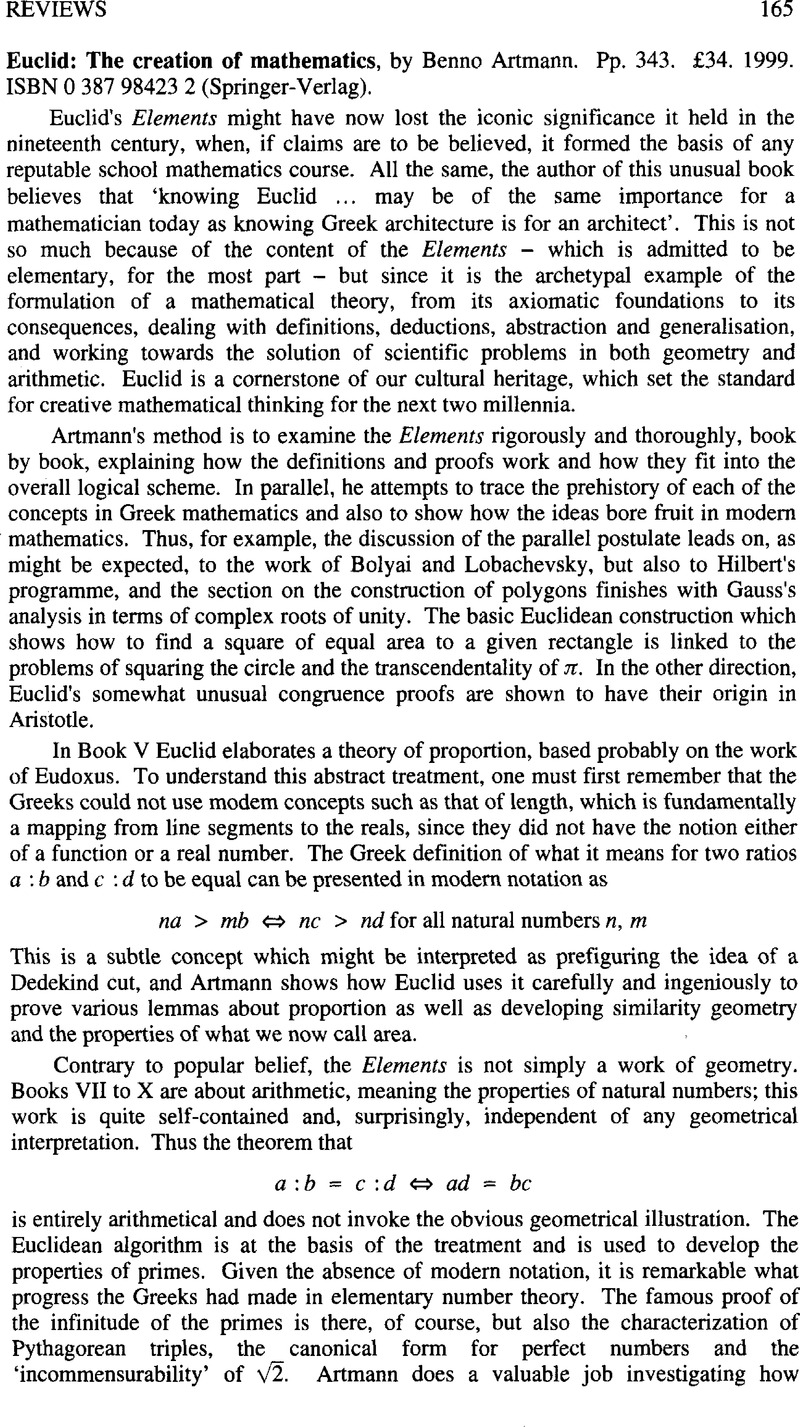 Euclid: The creation of mathematics, by Benno Artmann. Pp. 343. £34 ...