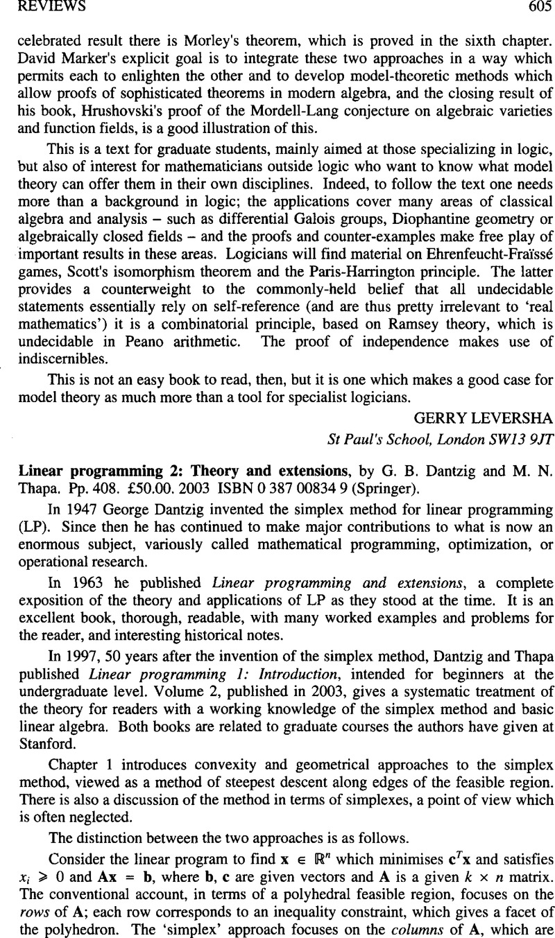 Linear Programming 2 Theory And Extensions By G B Dantzig And M N Thapa Pp 408 £5000