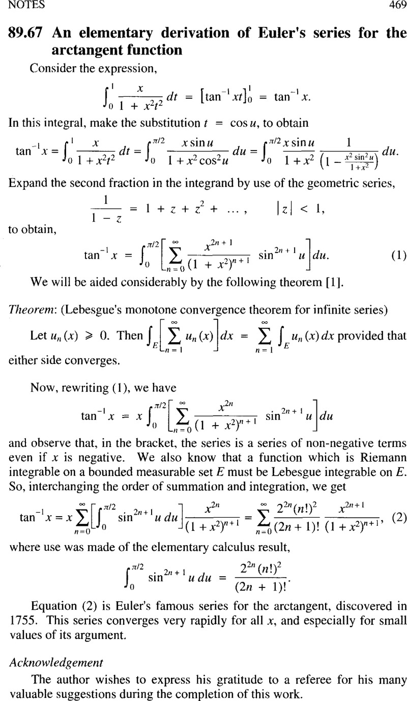 89.67 An elementary derivation of Euler’s series for the arctangent ...
