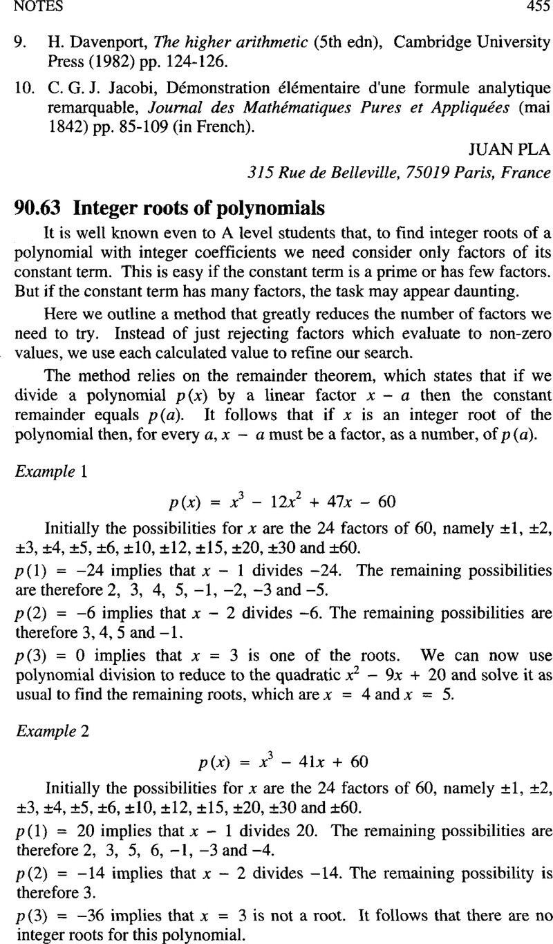 90.63 Integer roots of polynomials | The Mathematical Gazette ...