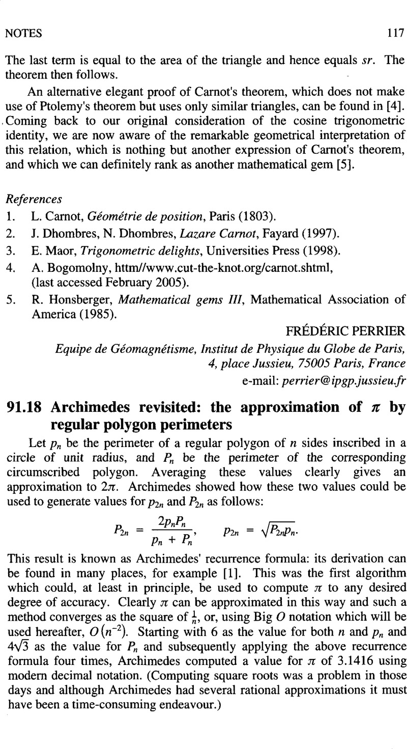 9118 Archimedes Revisited The Approximation Of π By Regular Polygon Perimeters The