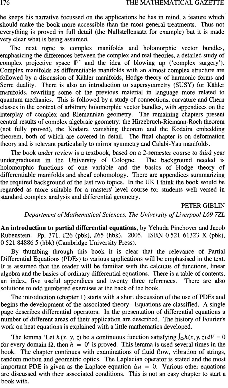 An introduction to partial differential equations, by Yehuda Pinchover ...