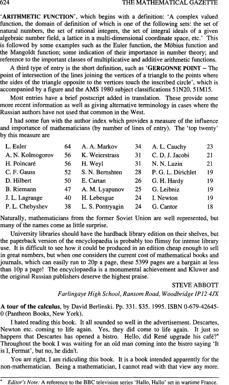 A tour of the calculus, by David Berlinski. Pp. 331. $35. 1995. ISBN 0 ...