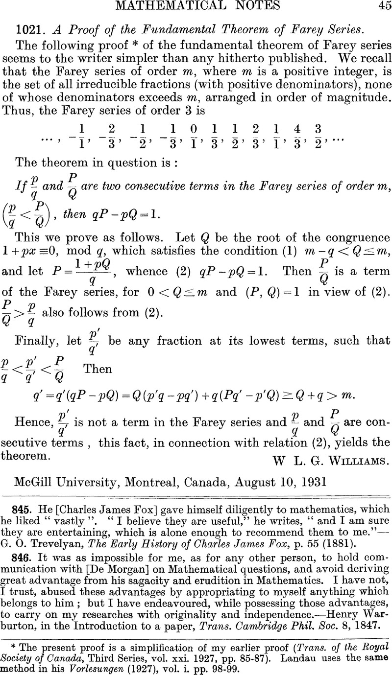 1021. A Proof of the Fundamental Theorem of Farey Series | The ...