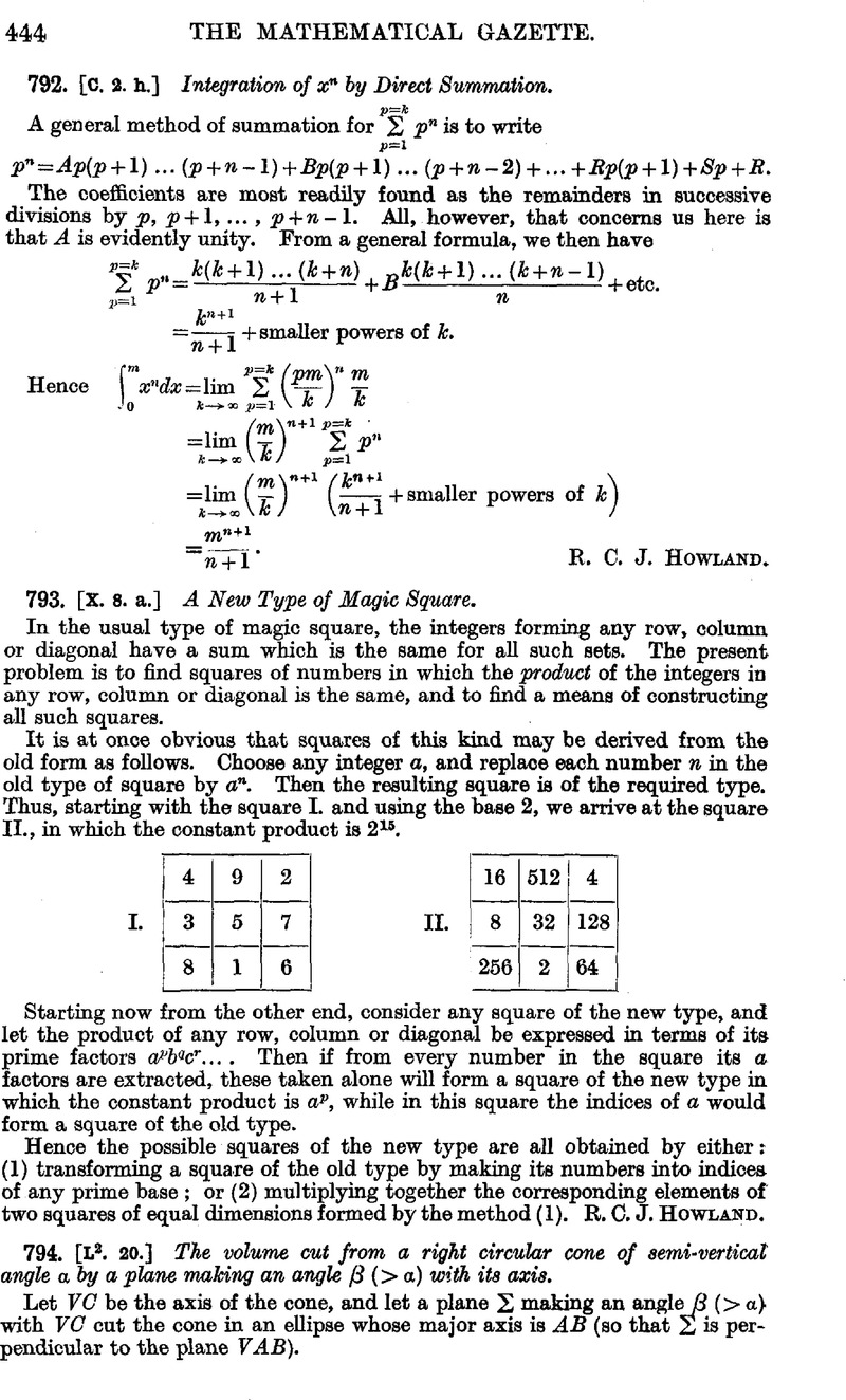 794. [L2. 20.] The volume cut from a right circular cone of semi ...