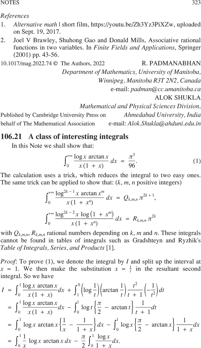 106.21 A class of interesting integrals | The Mathematical Gazette ...