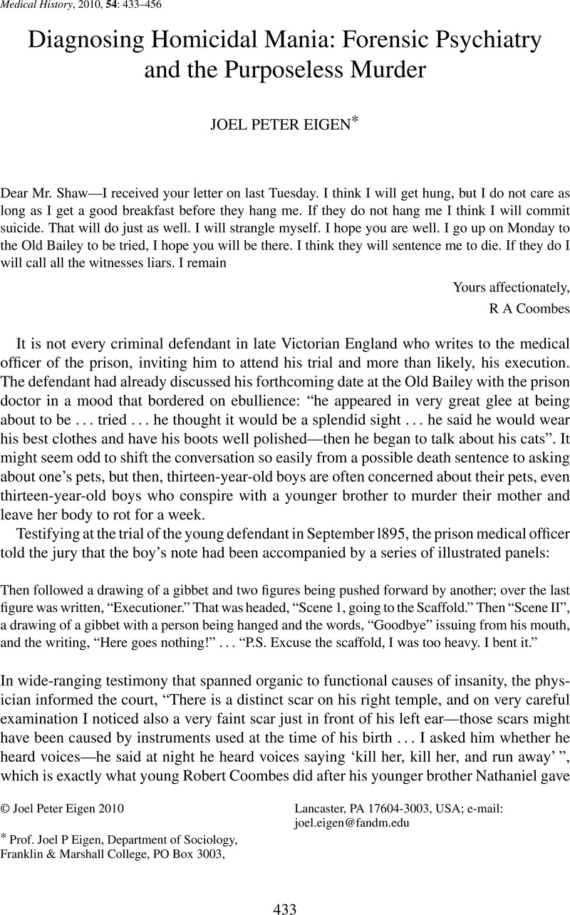 Diagnosing Homicidal Mania: Forensic Psychiatry and the Purposeless ...