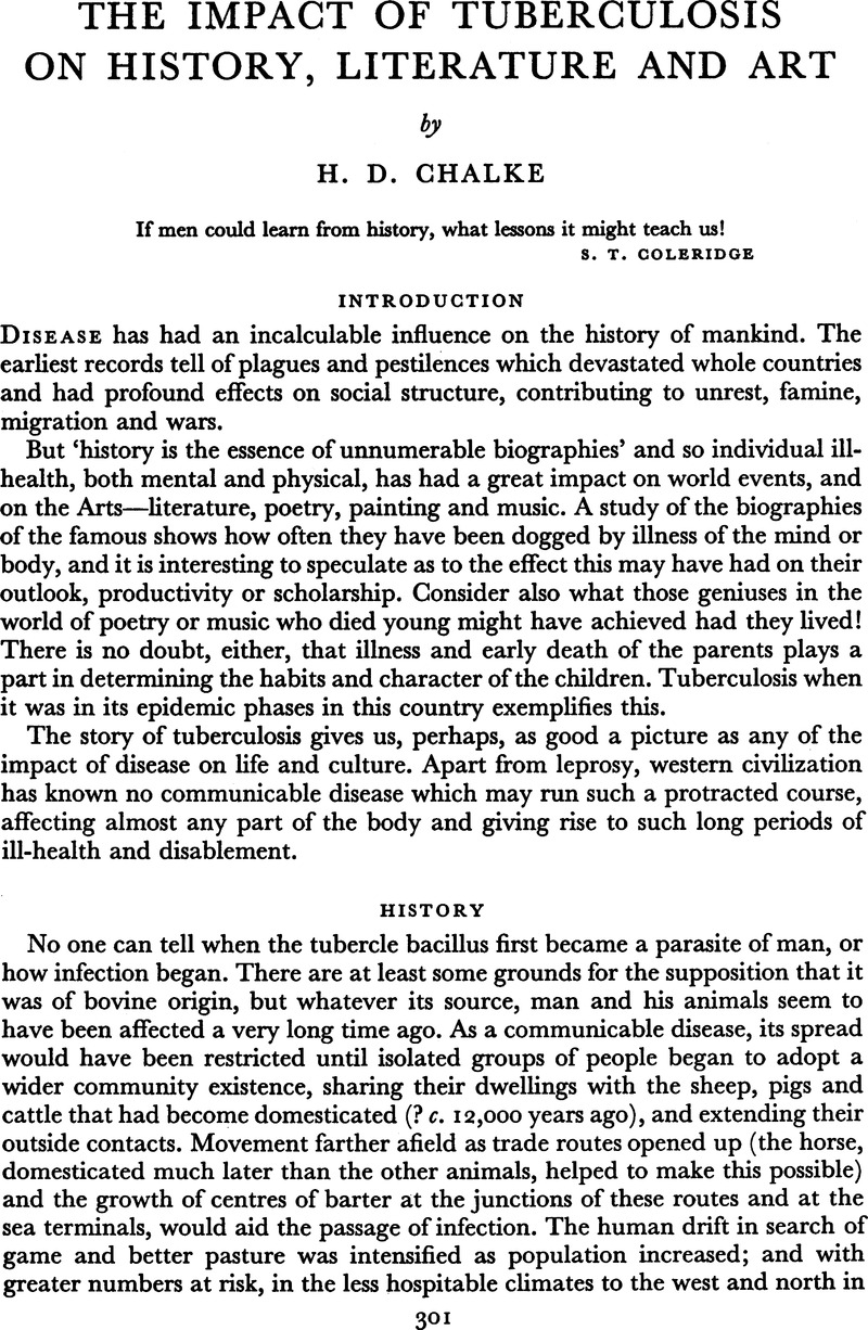 THE IMPACT OF TUBERCULOSIS ON HISTORY, LITERATURE AND ART | Medical ...
