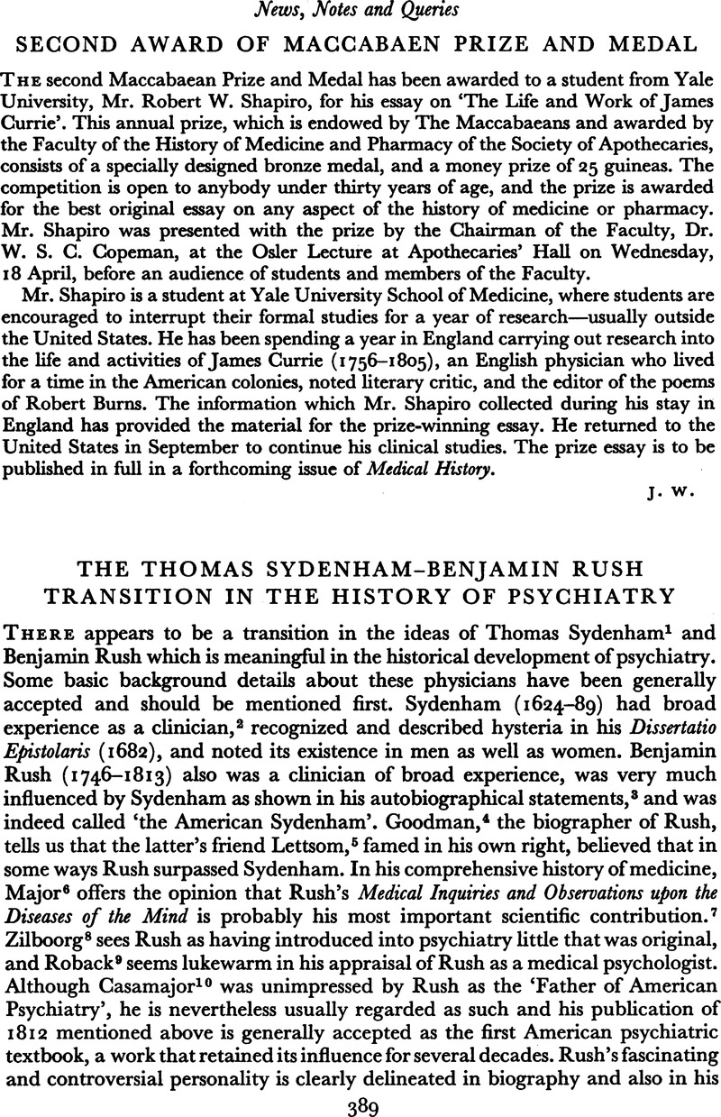 The Thomas Sydenham-Benjamin Rush Transition in the History of ...