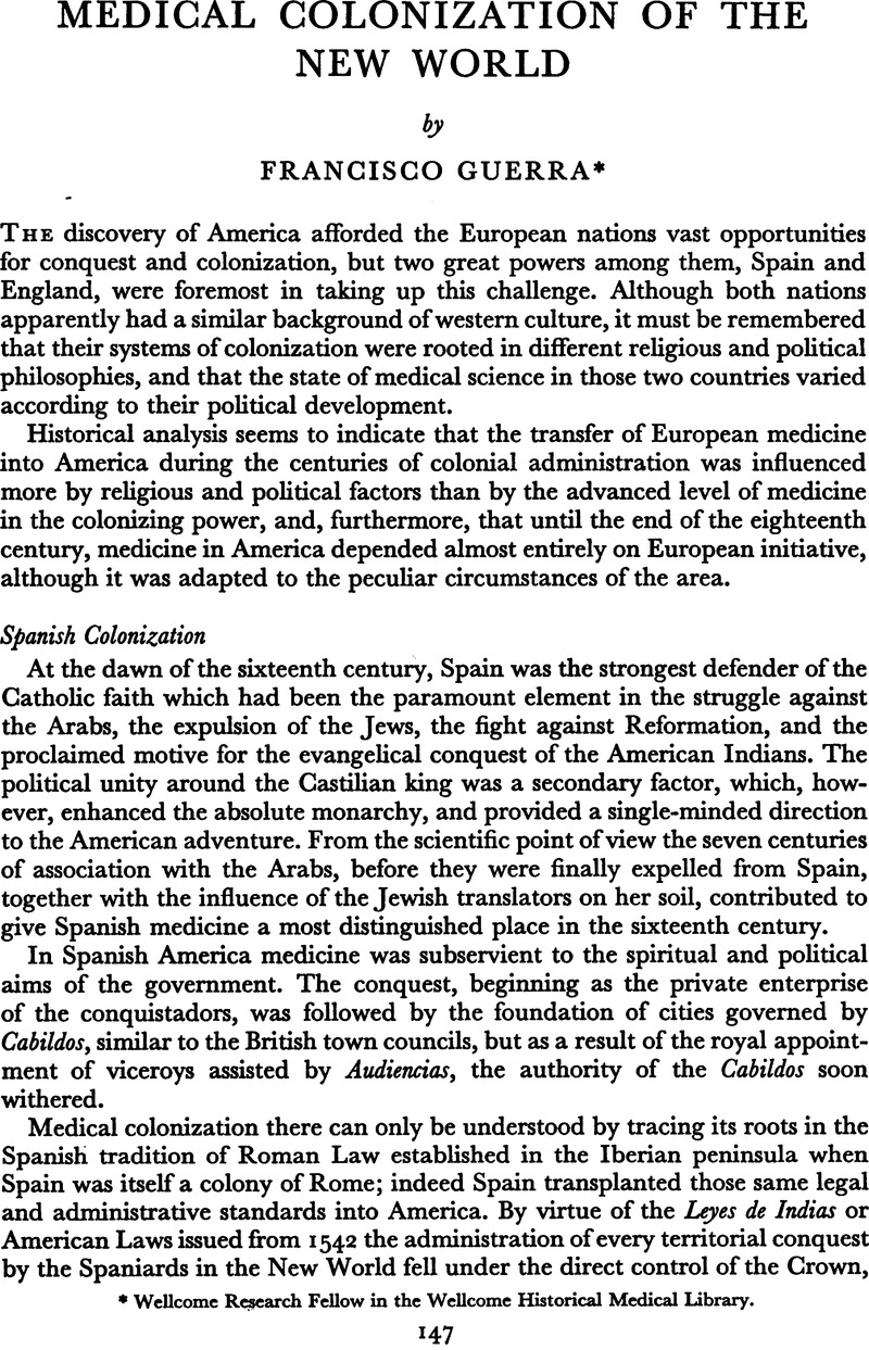 MEDICAL COLONIZATION OF THE NEW WORLD | Medical History | Cambridge Core