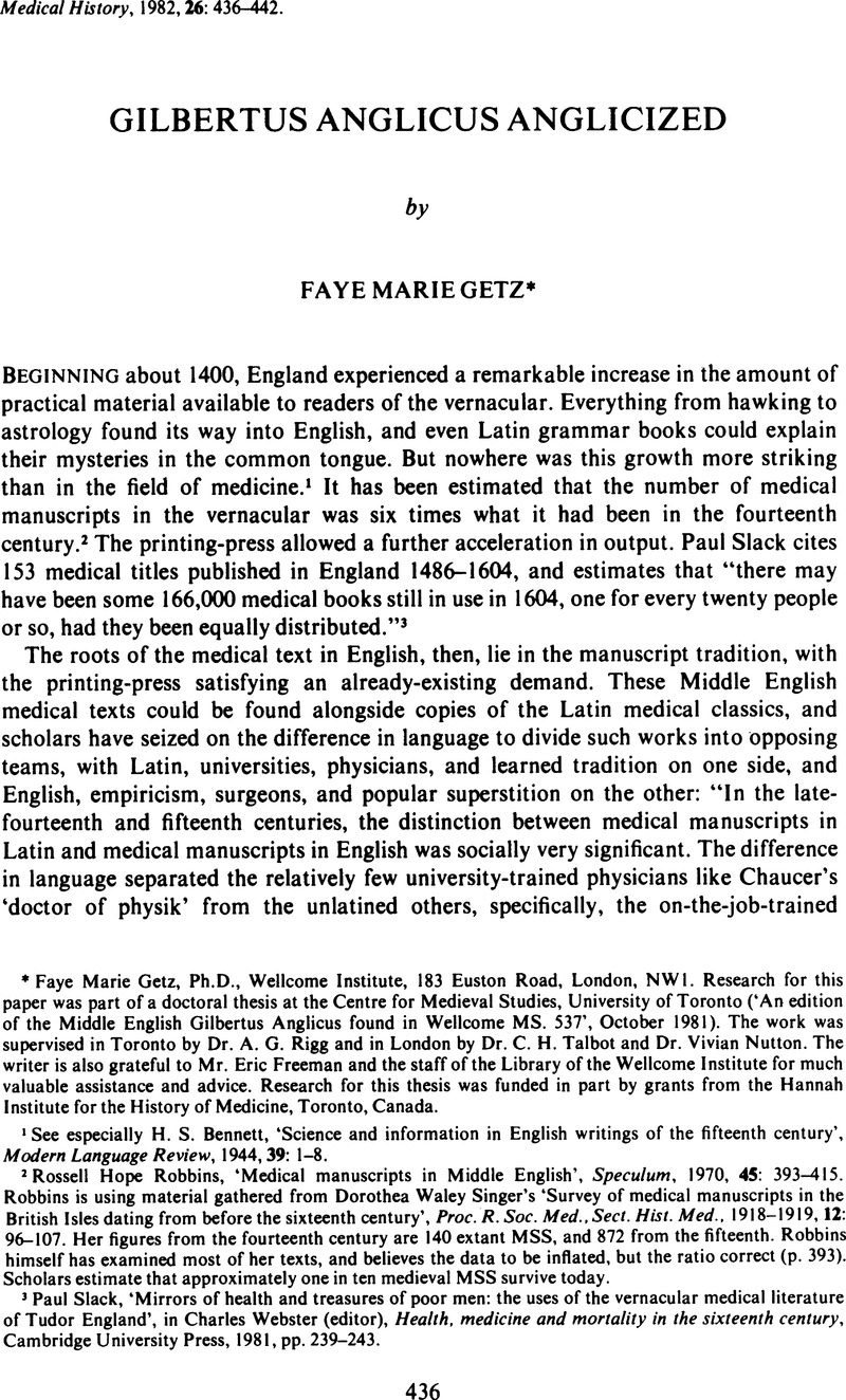 Gilbertus Anglicus anglicized | Medical History | Cambridge Core