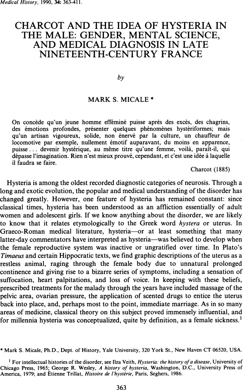 Charcot and the idea of hysteria in the male: Gender, mental science ...