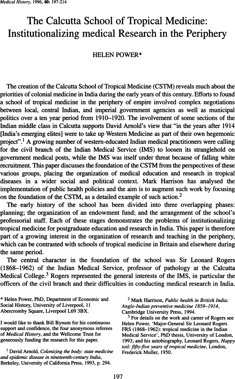 The Calcutta School of Tropical Medicine: Institutionalizing medical ...