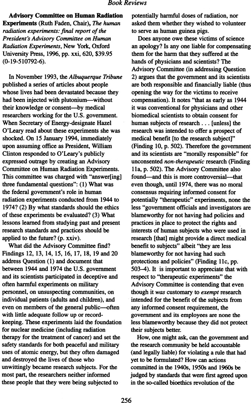 Advisory Committee on Human Radiation Experiments (Ruth Faden, Chair ...