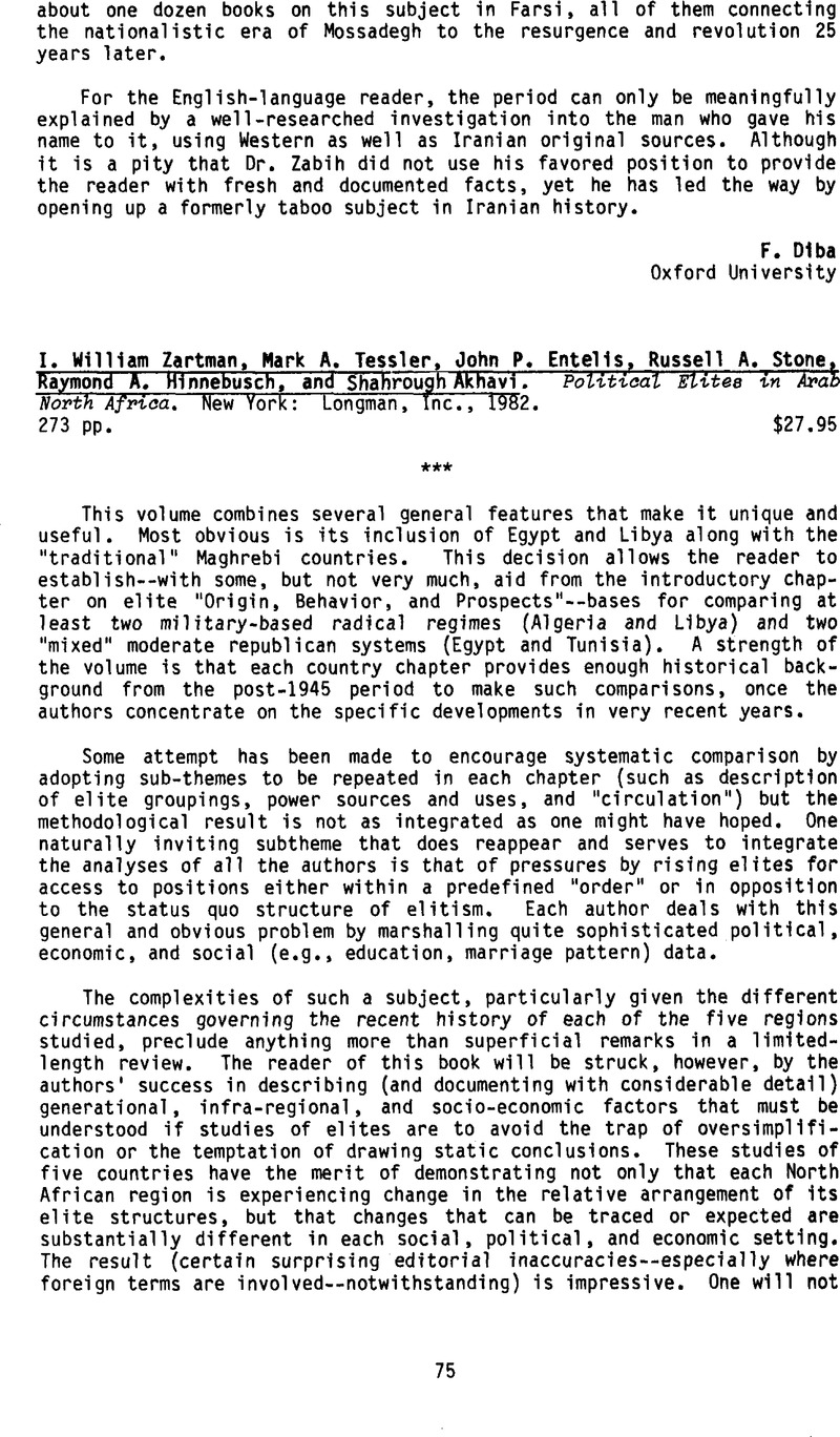 I. William Zartman, Mark A. Tessler, John P. Entelis, Russell A. Stone ...