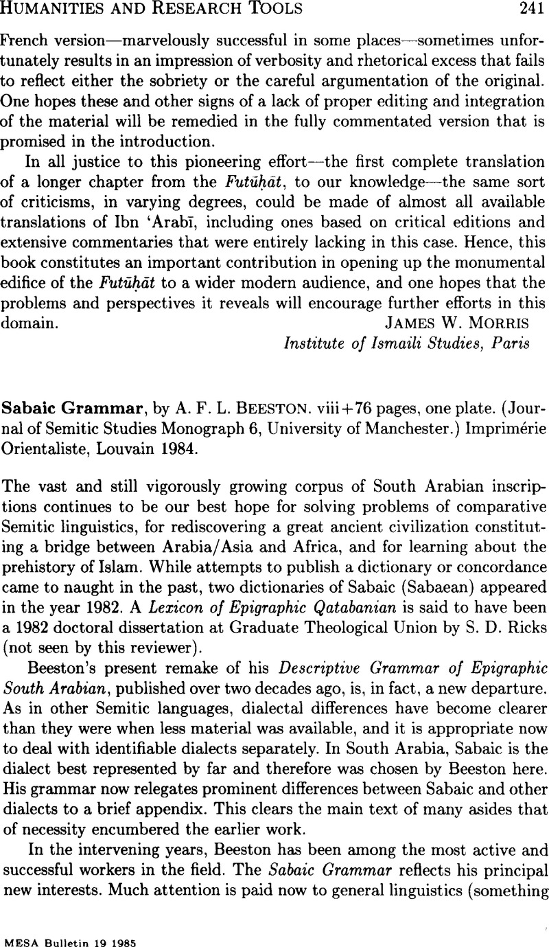 Sabaic Grammar, by A. F. L. Beeston. viii + 76 pages, one plate ...