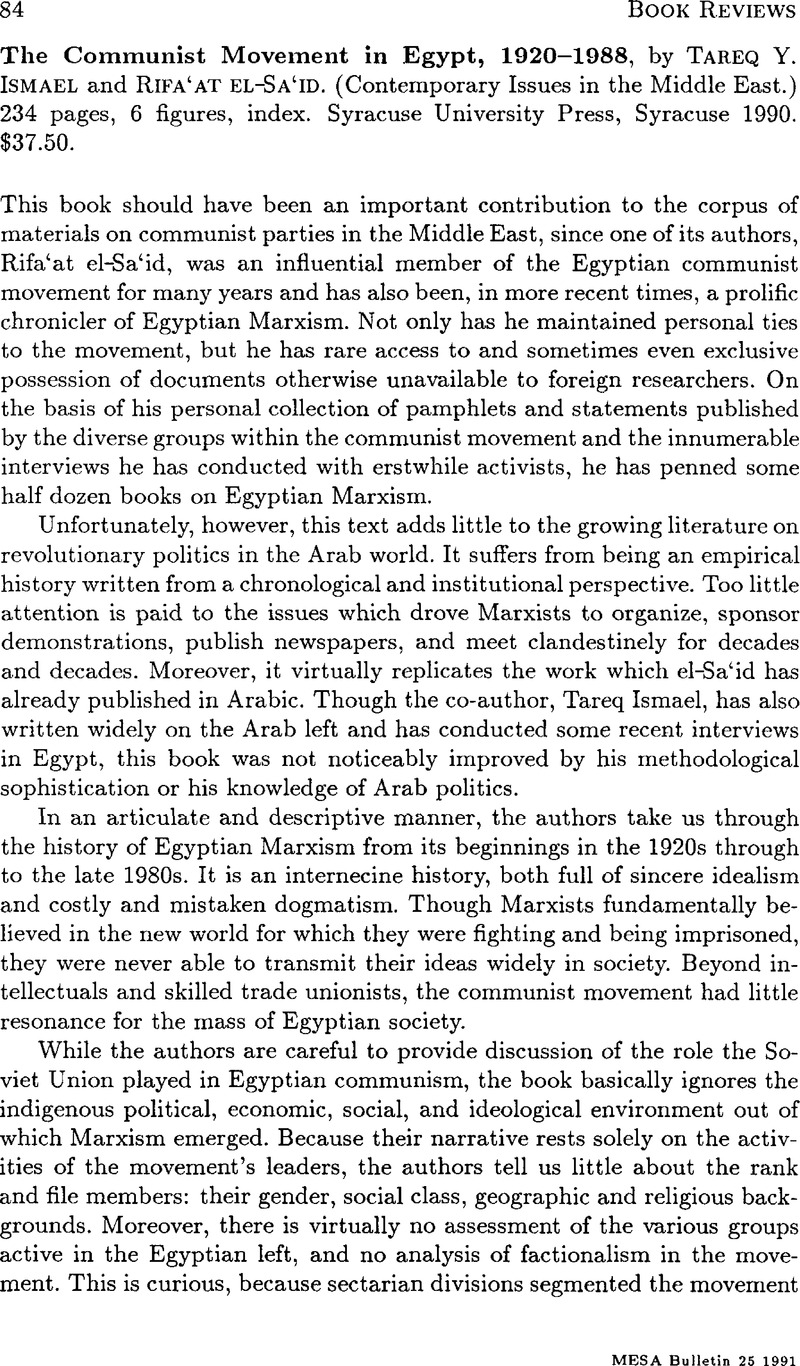 The Communist Movement in Egypt, 1920–1988, by Tareq Y. Ismael and Rifa ...