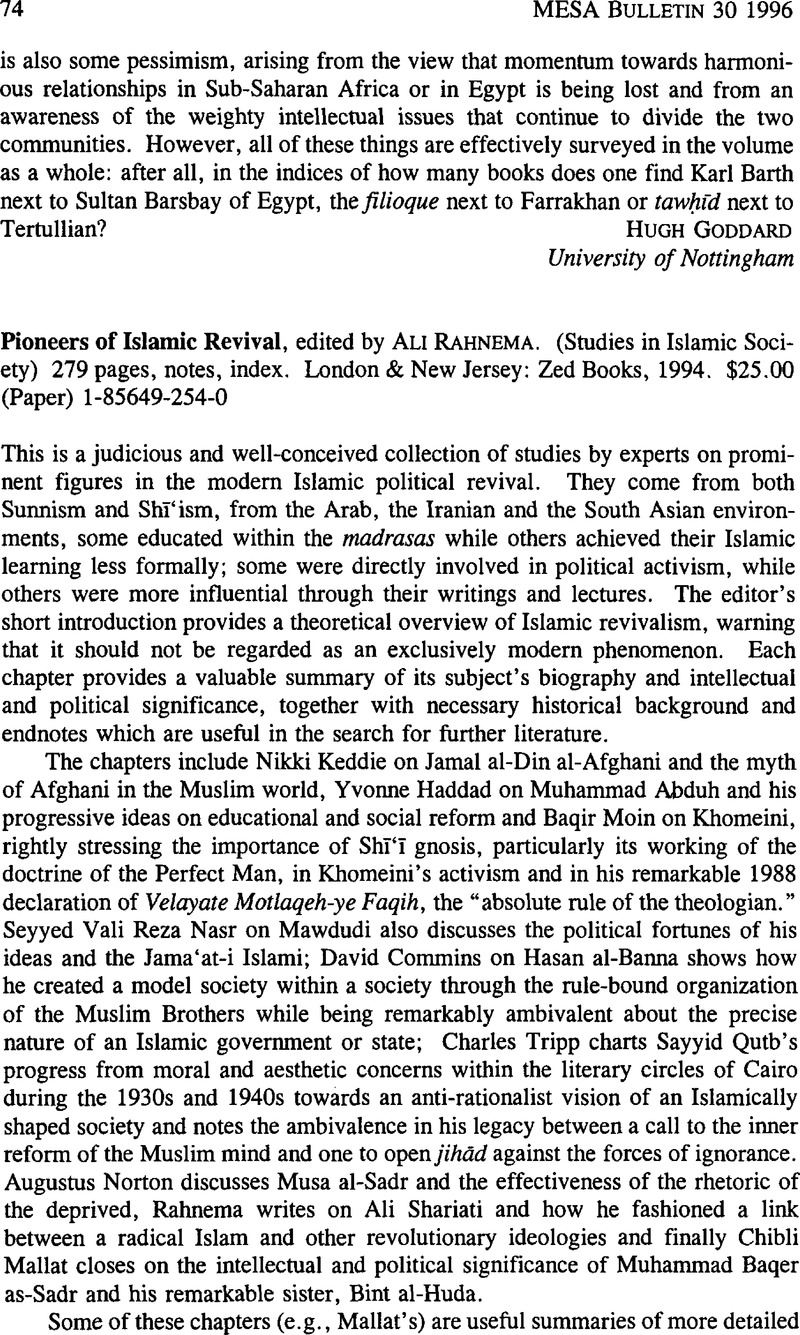 Pioneers of Islamic Revival, edited by Ali Rahnema. (Studies in Islamic ...