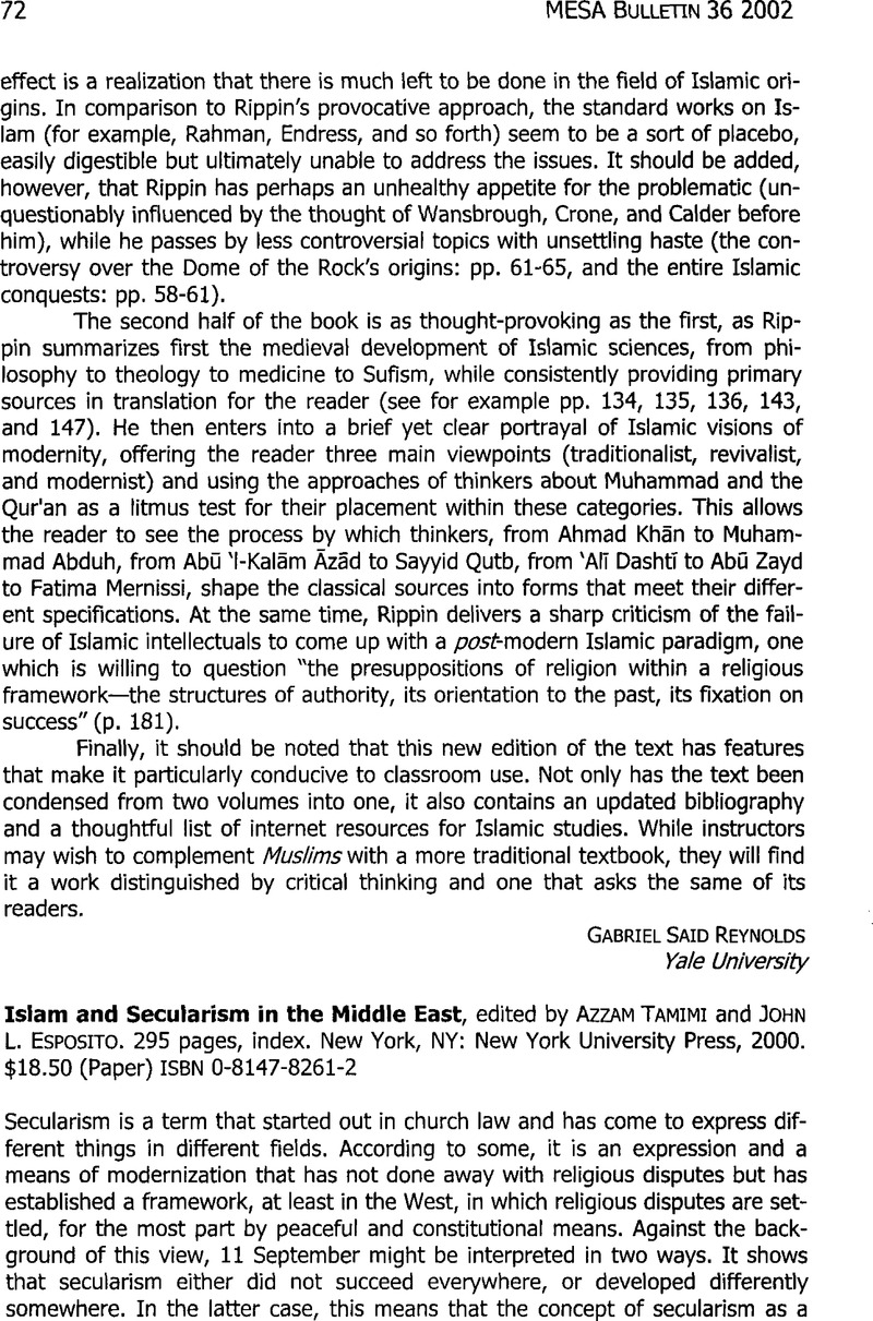 Islam and Secularism in the Middle East, edited by Azzam Tamimi and ...