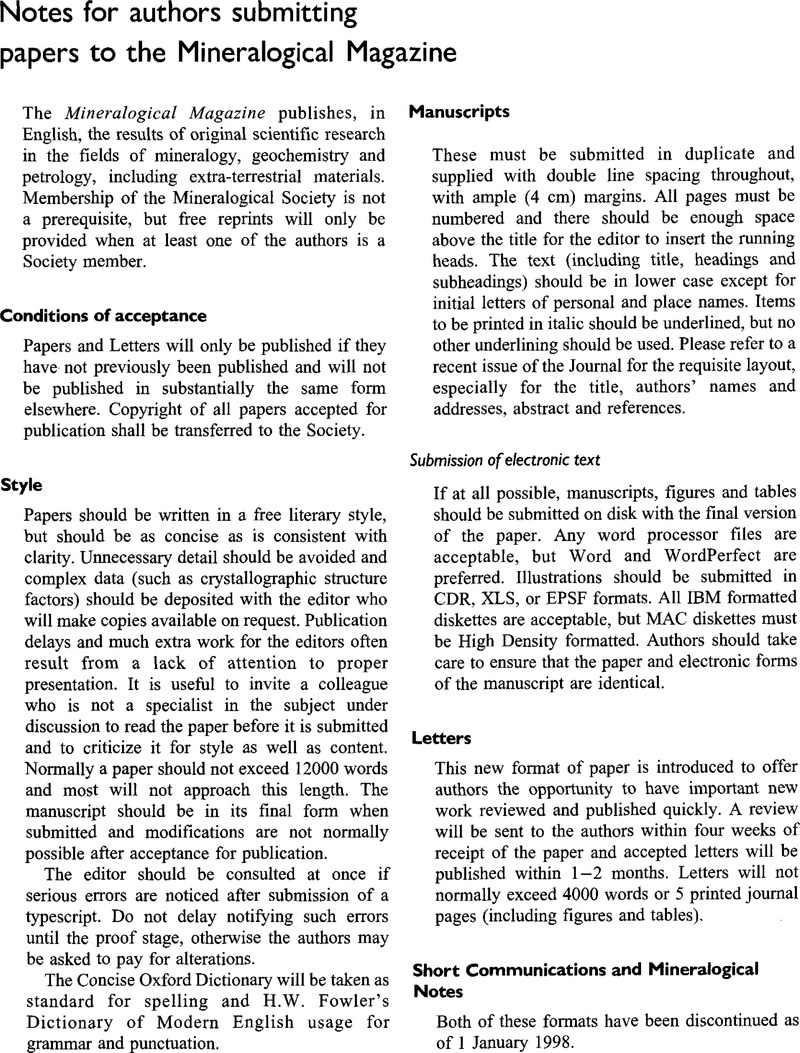 Notes for authors submitting papers to the Mineralogical Magazine ...
