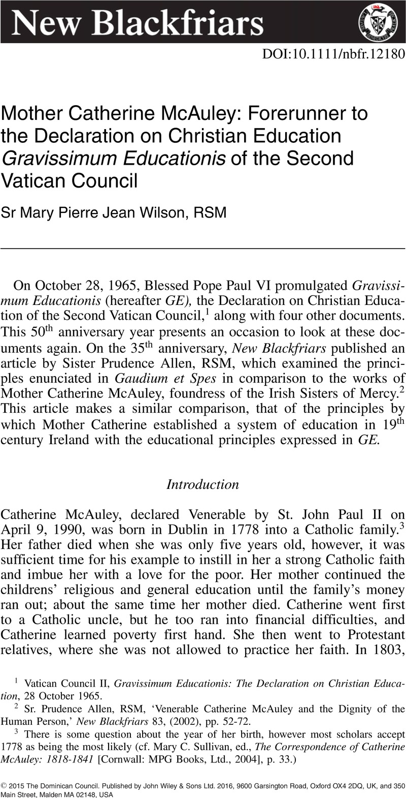 Mother Catherine McAuley: Forerunner to the Declaration on Christian ...