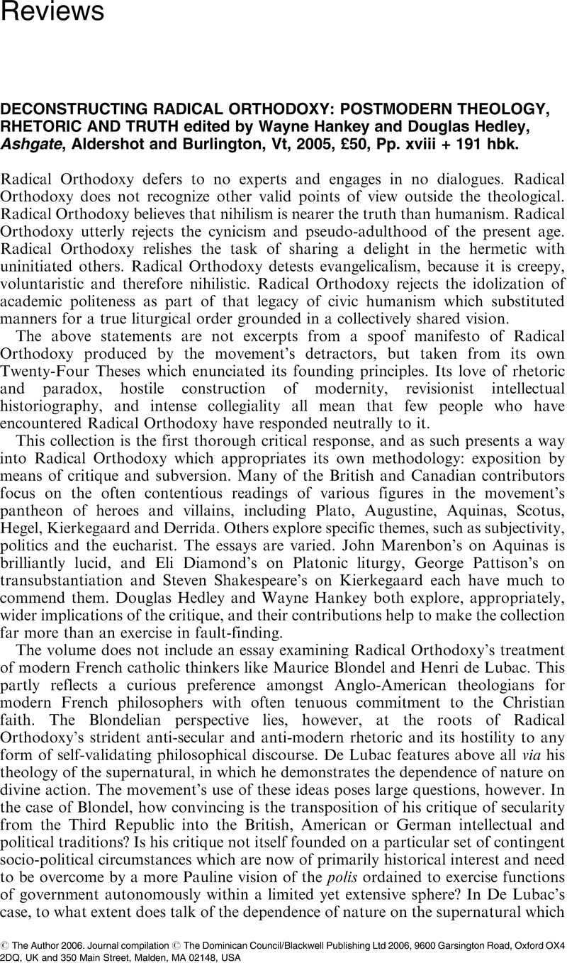 Deconstructing Radical Orthodoxy: Postmodern Theology, Rhetoric and ...