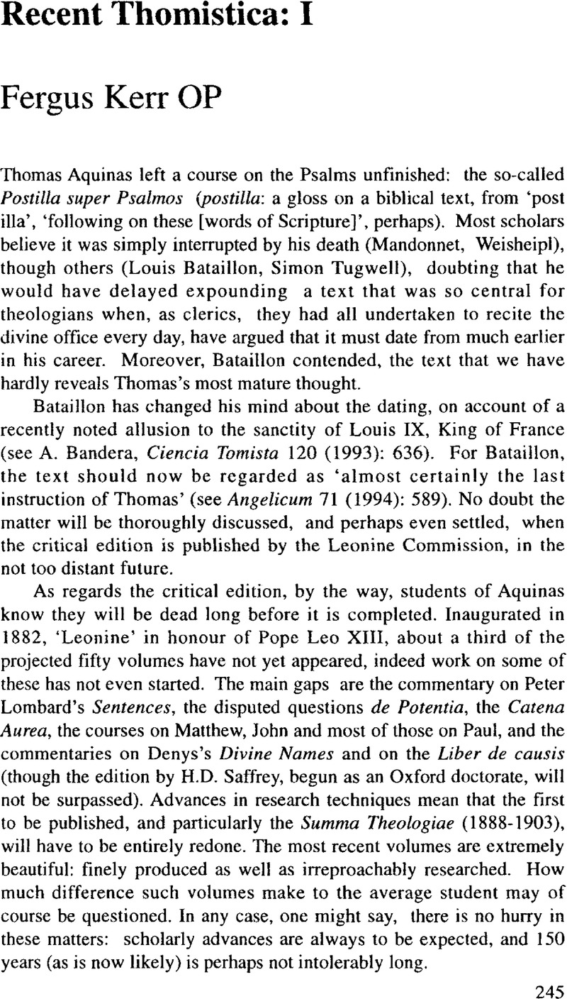 Recent Thomistica: I | New Blackfriars | Cambridge Core