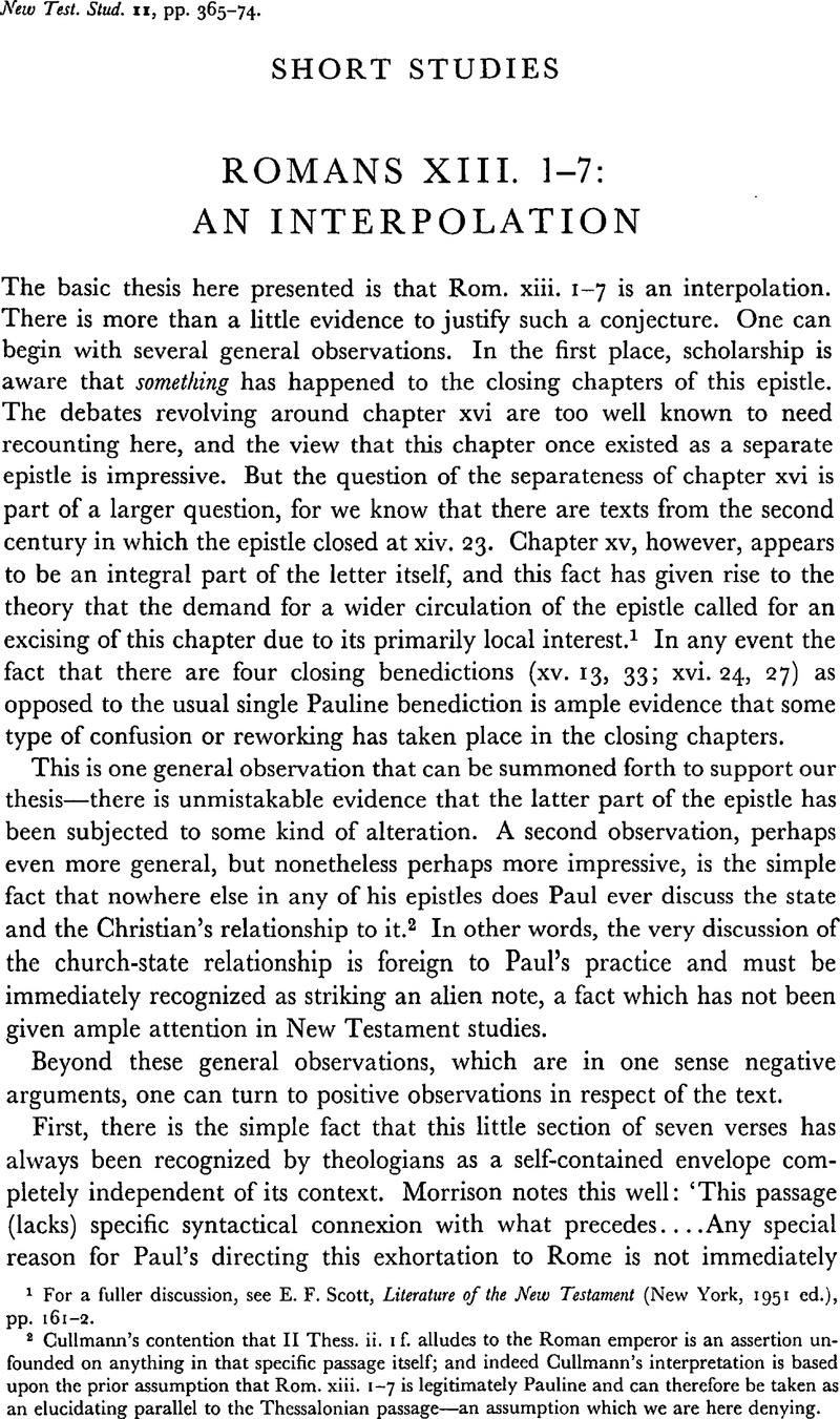 Romans xiii. 1–7: An Interpolation | New Testament Studies | Cambridge Core
