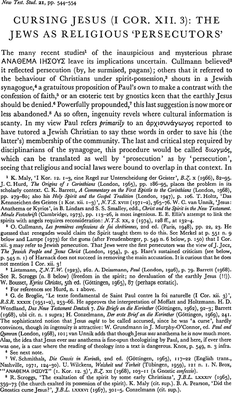 Cursing Jesus (I Cor. xii. 3): The Jews as Religious ‘Persecutors ...