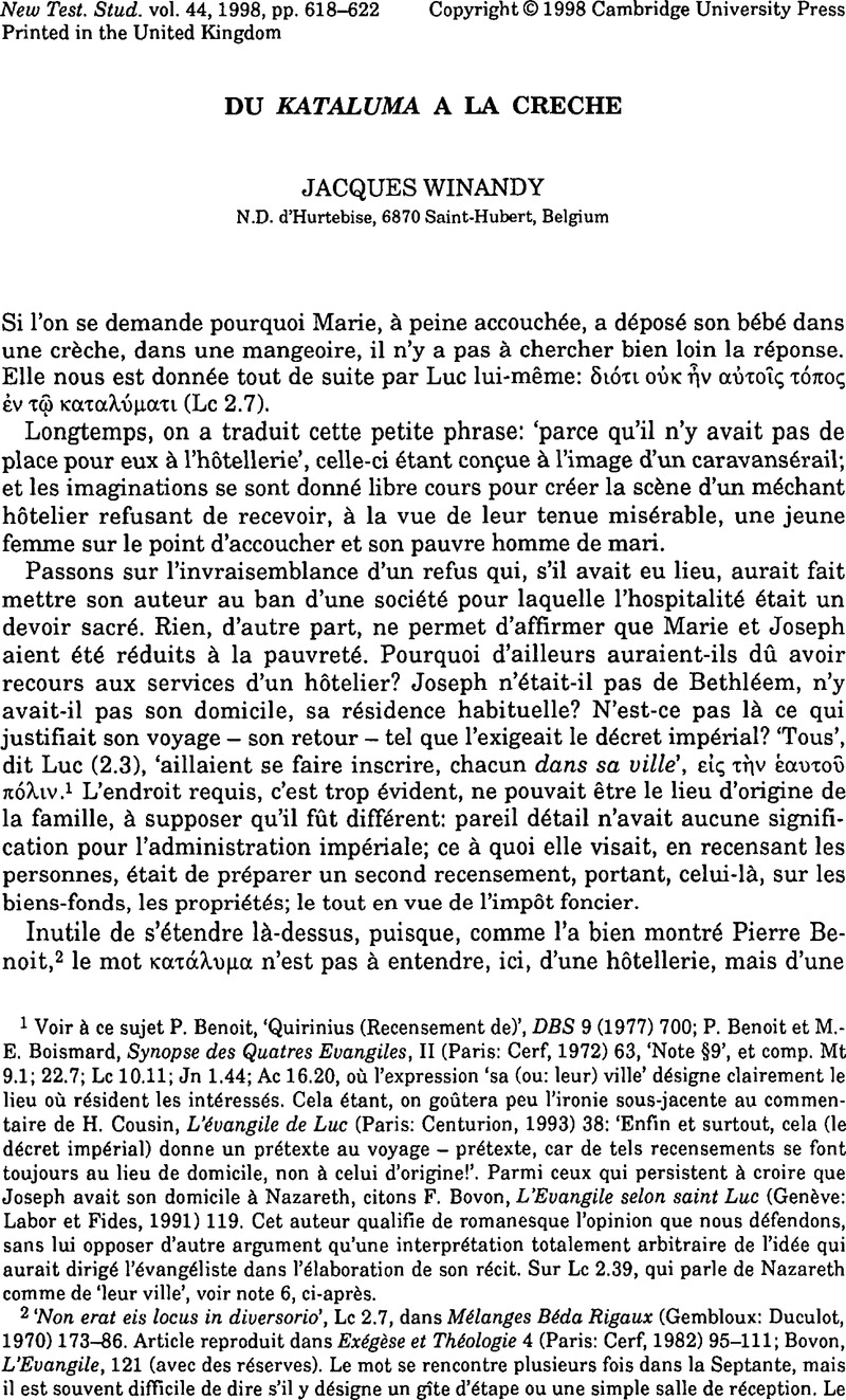 Du Kataluma a La Creche | New Testament Studies | Cambridge Core