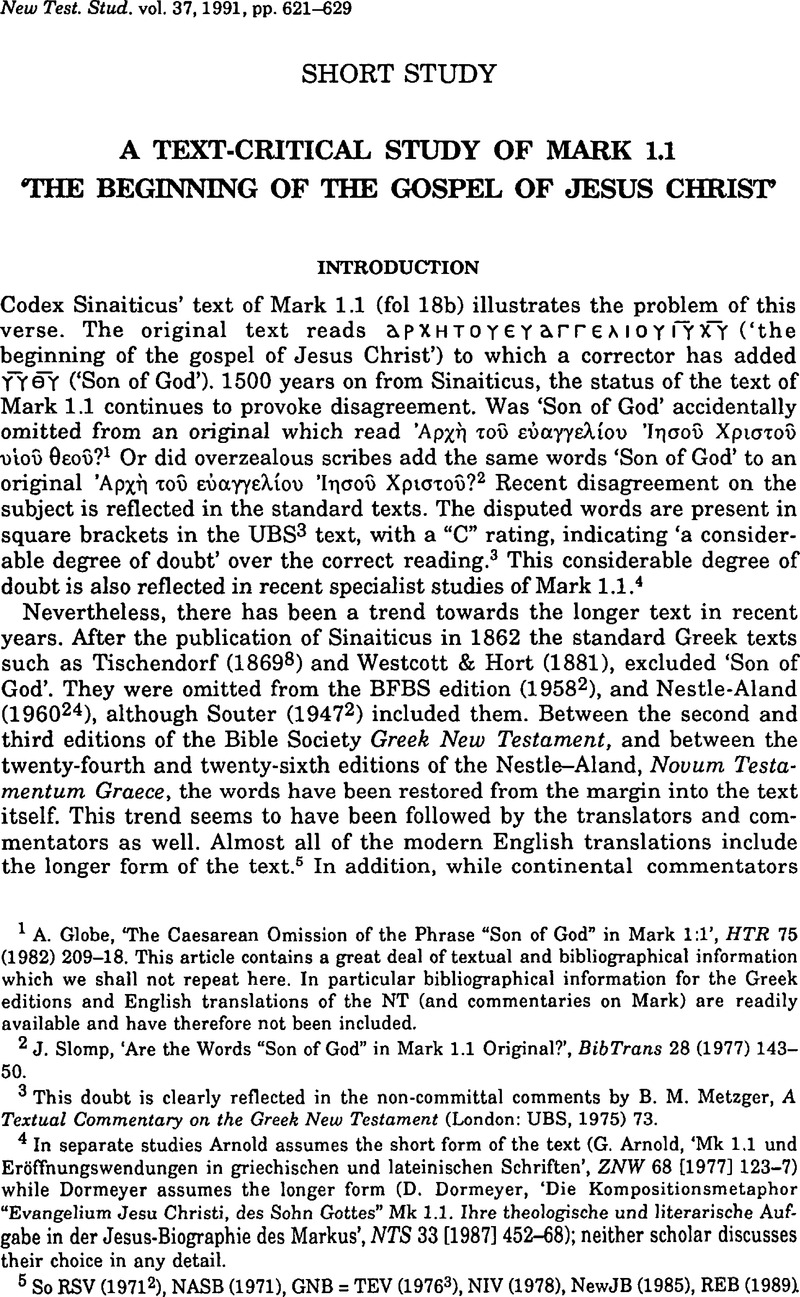 A Text-Critical Study of Mark 1.1 ‘The Beginning of the Gospel of Jesus ...