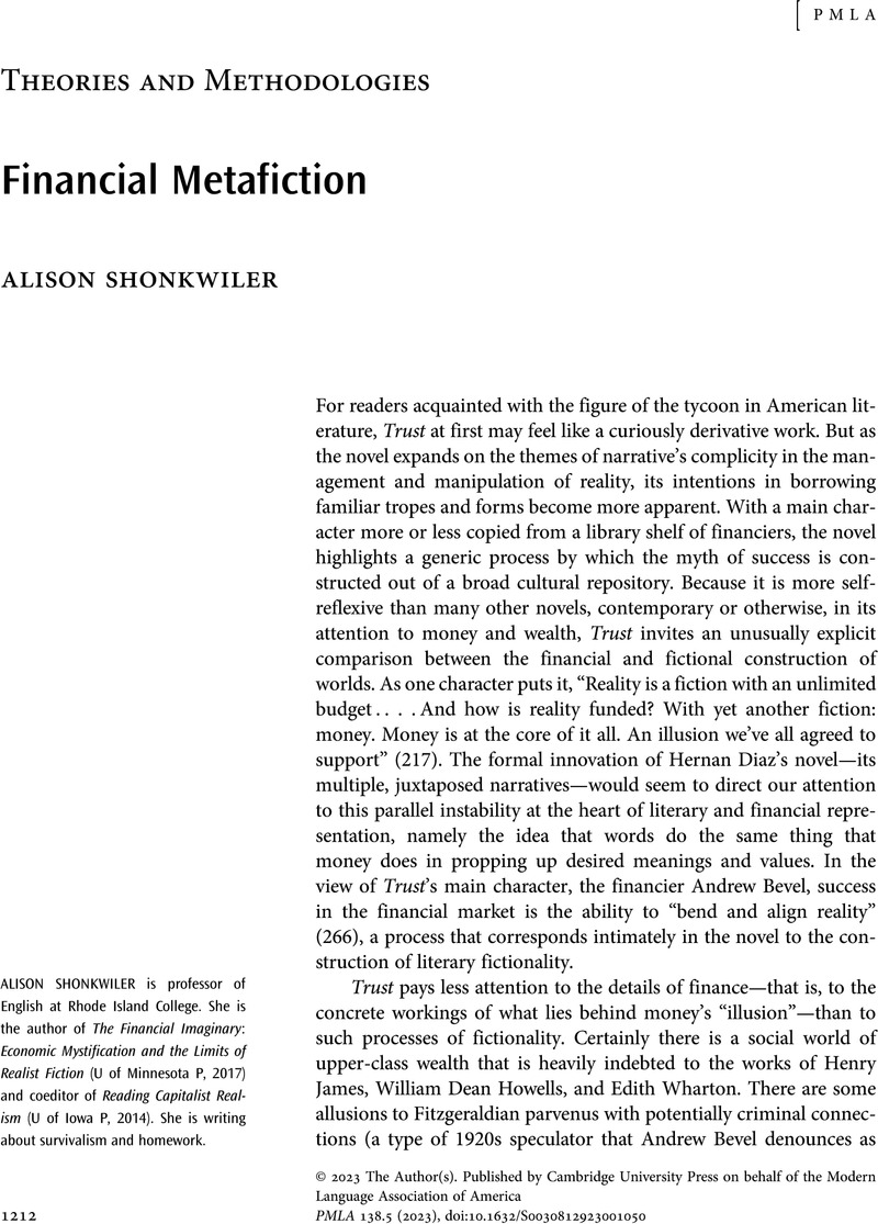 Financial Metafiction | PMLA | Cambridge Core