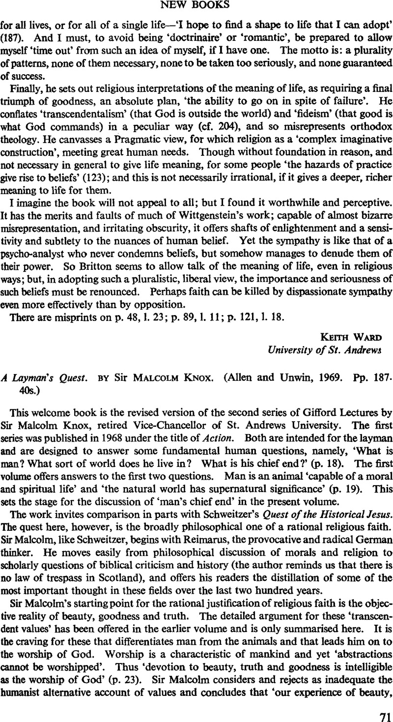 A Layman's Quest. by SirMalcolm Knox. (Allen and Unwin, 1969. Pp. 187 ...