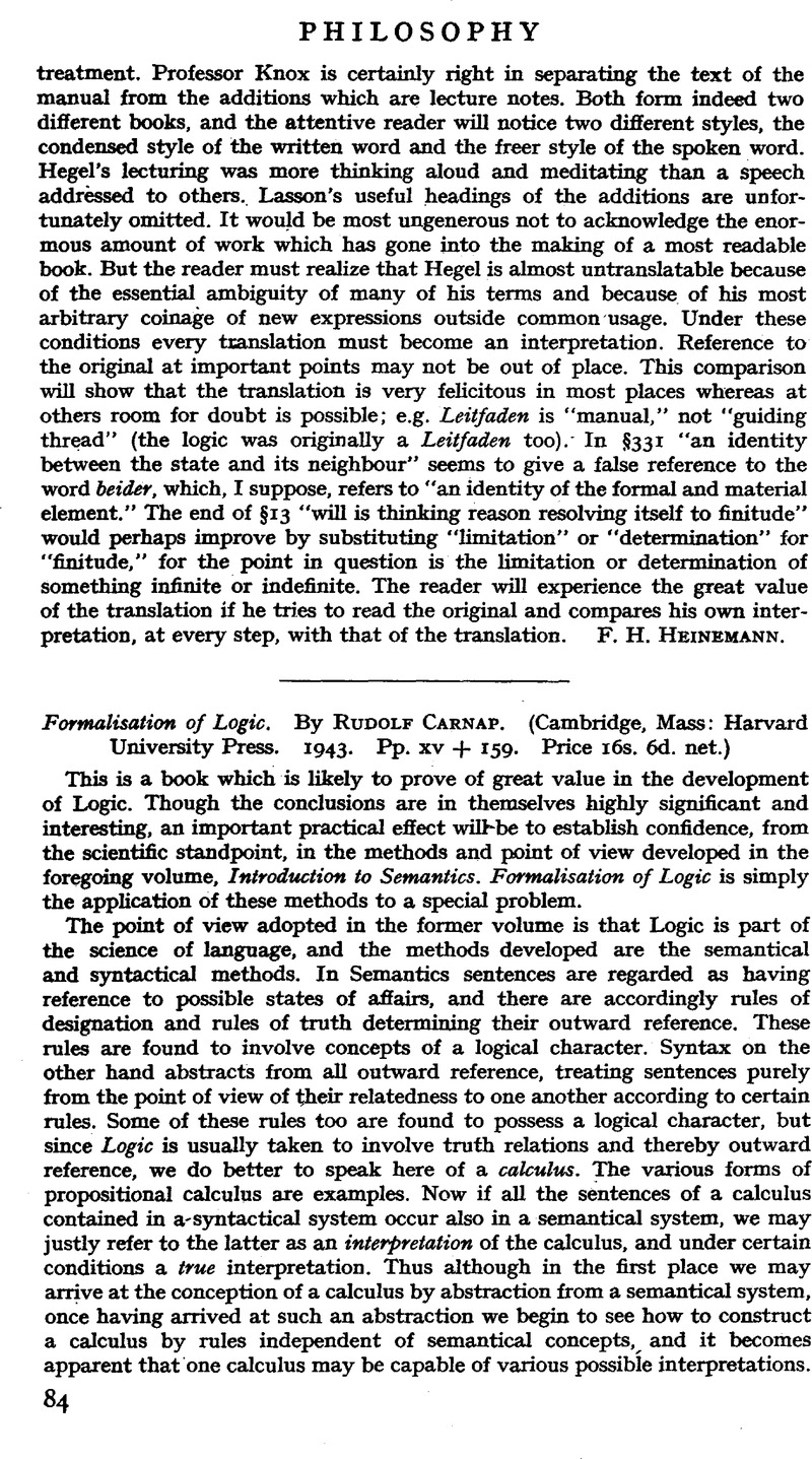 Formalisation of Logic. By Rudolf Carnap. (Cambridge, Mass: Harvard ...