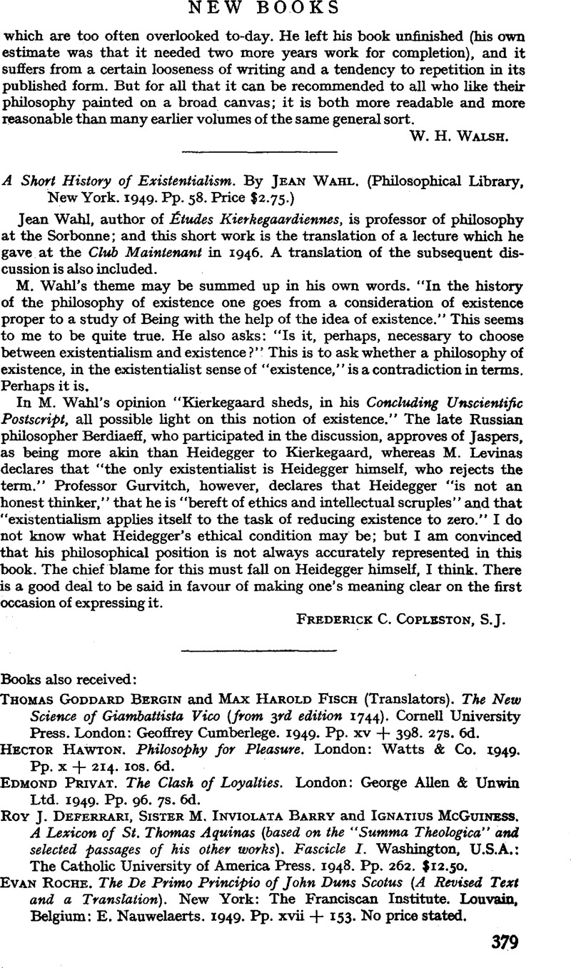 A Short History of Existentialism. By Jean Wahl, (Philosophical Library ...