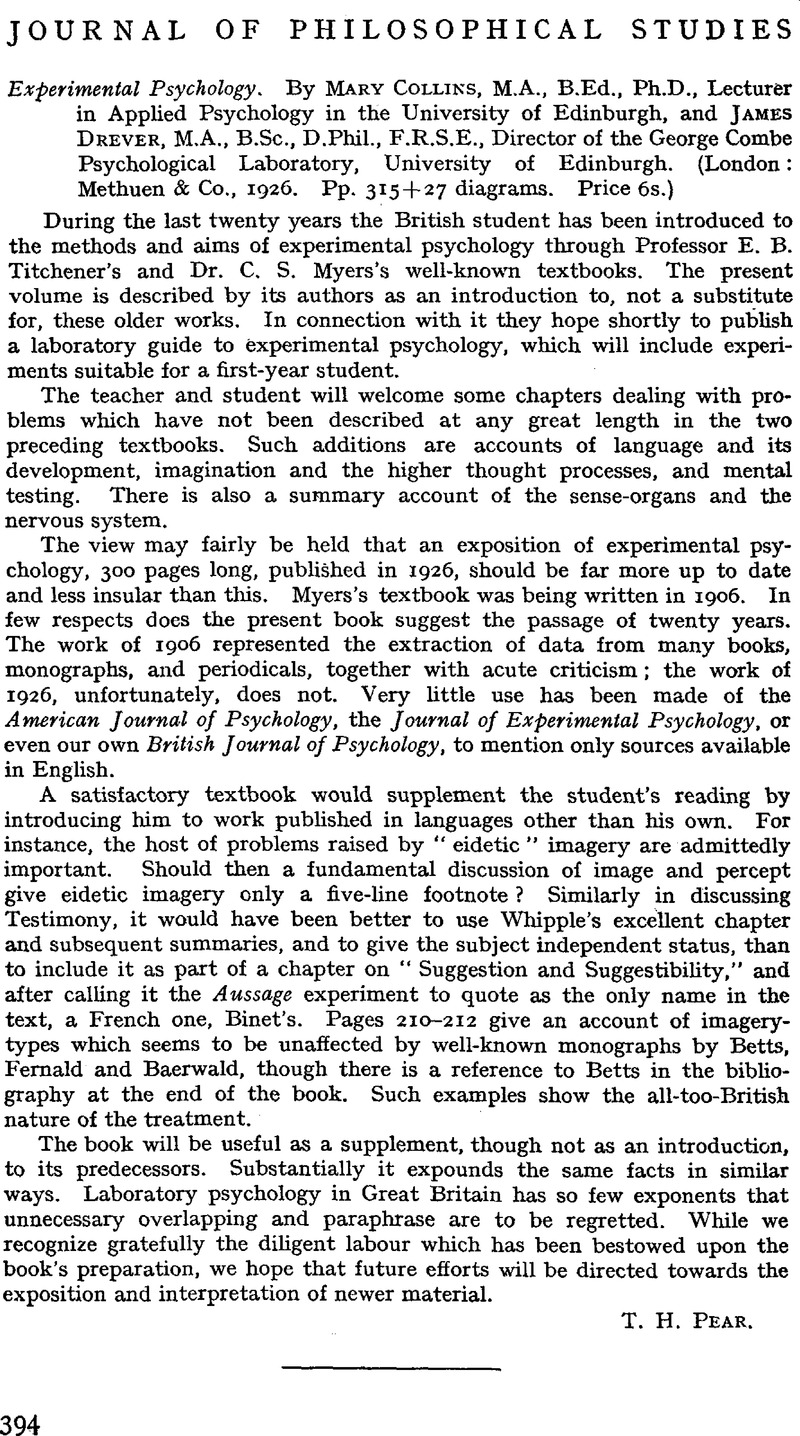 Experimental Psychology. By Mary Collins, M.A., B.Ed., Ph.D., Lecturer ...