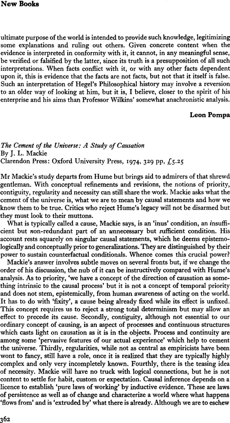 The Cement of the Universe: A Study of Causation By J. L. Mackie ...