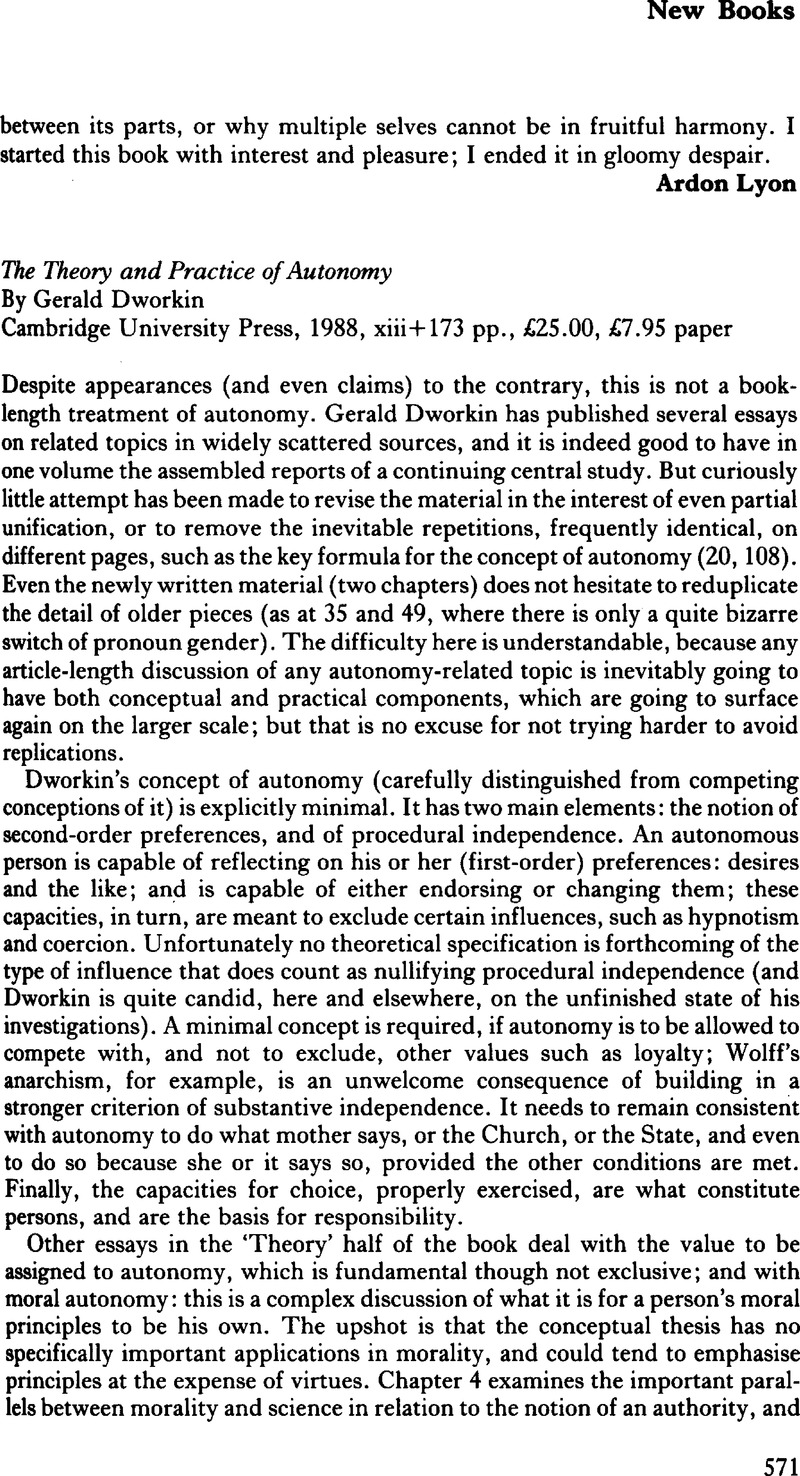 The Theory and Practice of Autonomy By Gerald Dworkin Cambridge ...