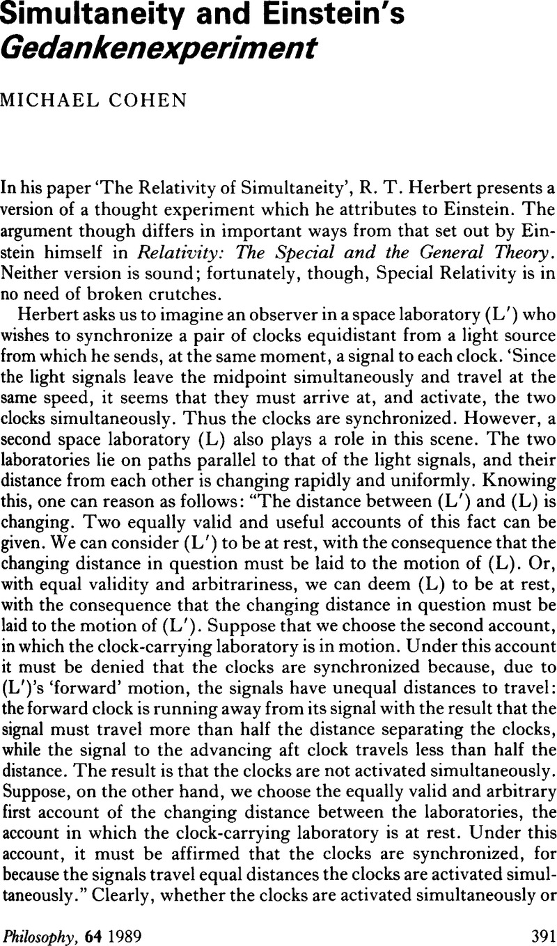 Simultaneity and Einstein's Gedankenexperiment | Philosophy | Cambridge ...