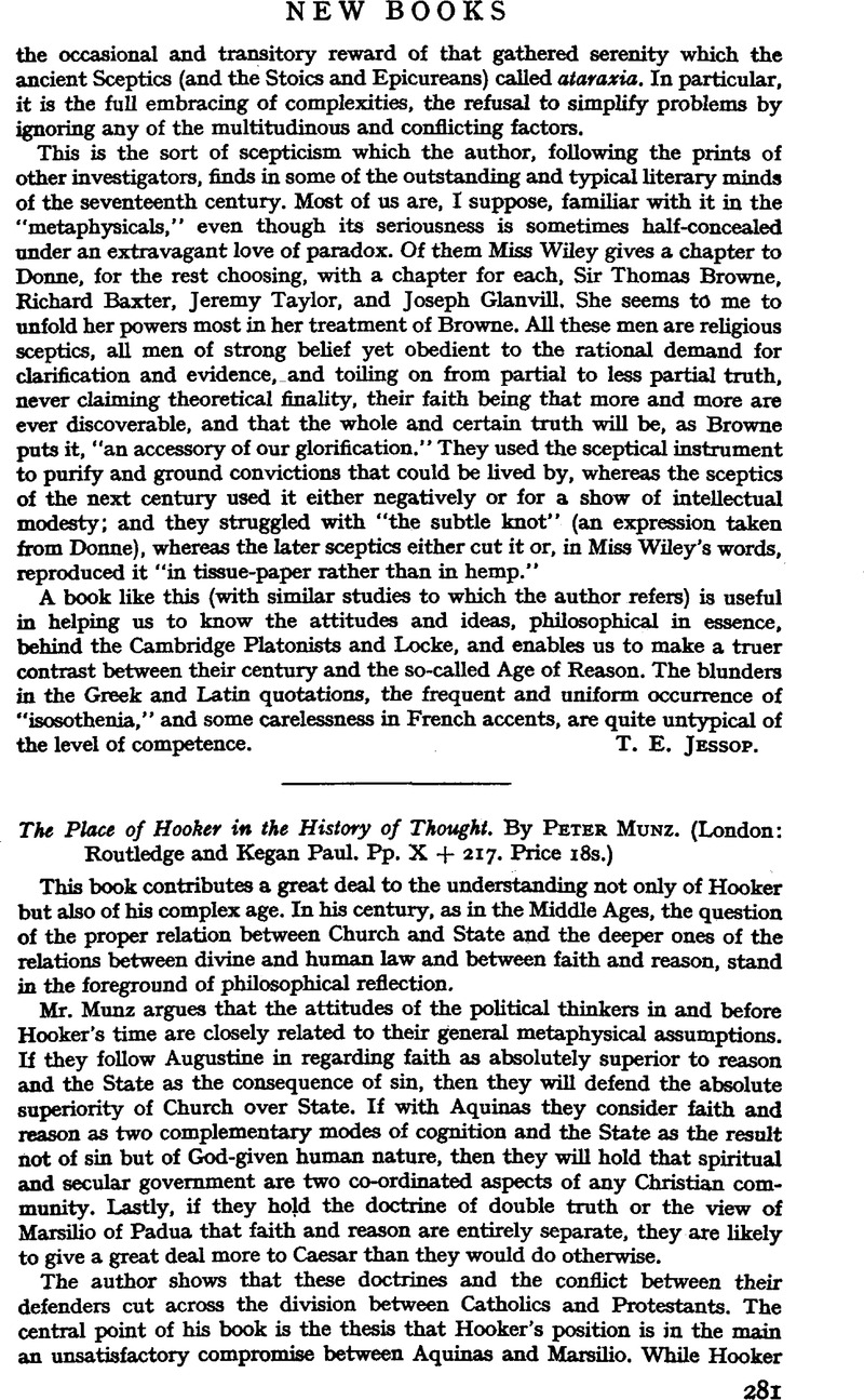 The Place of Hooker in the History of Thought. By Peter Munz. (London ...