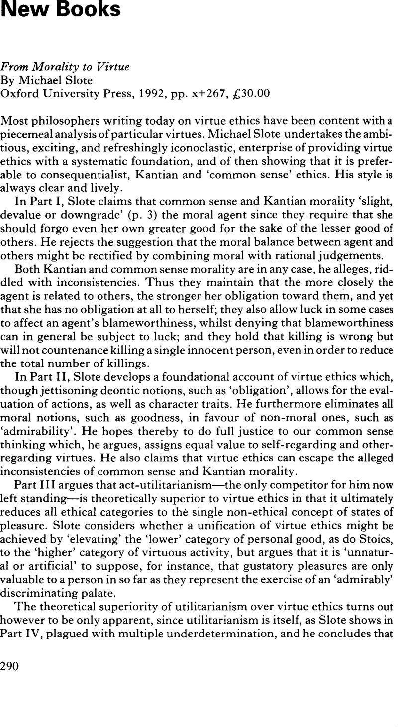 From Morality to Virtue By Michael Slote Oxford University Press, 1992 ...