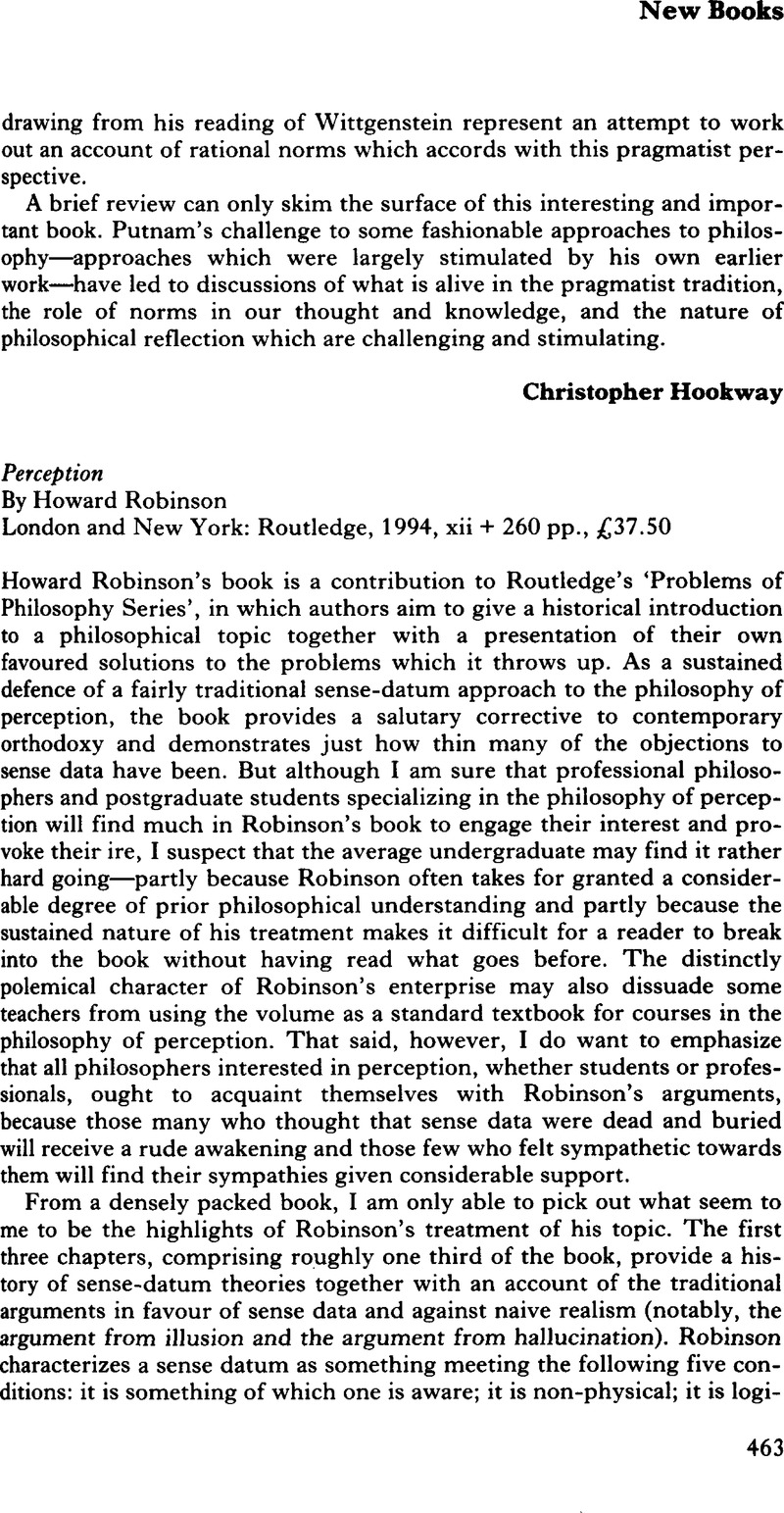 Perception By Howard Robinson London and New York: Routledge, 1994, xii ...