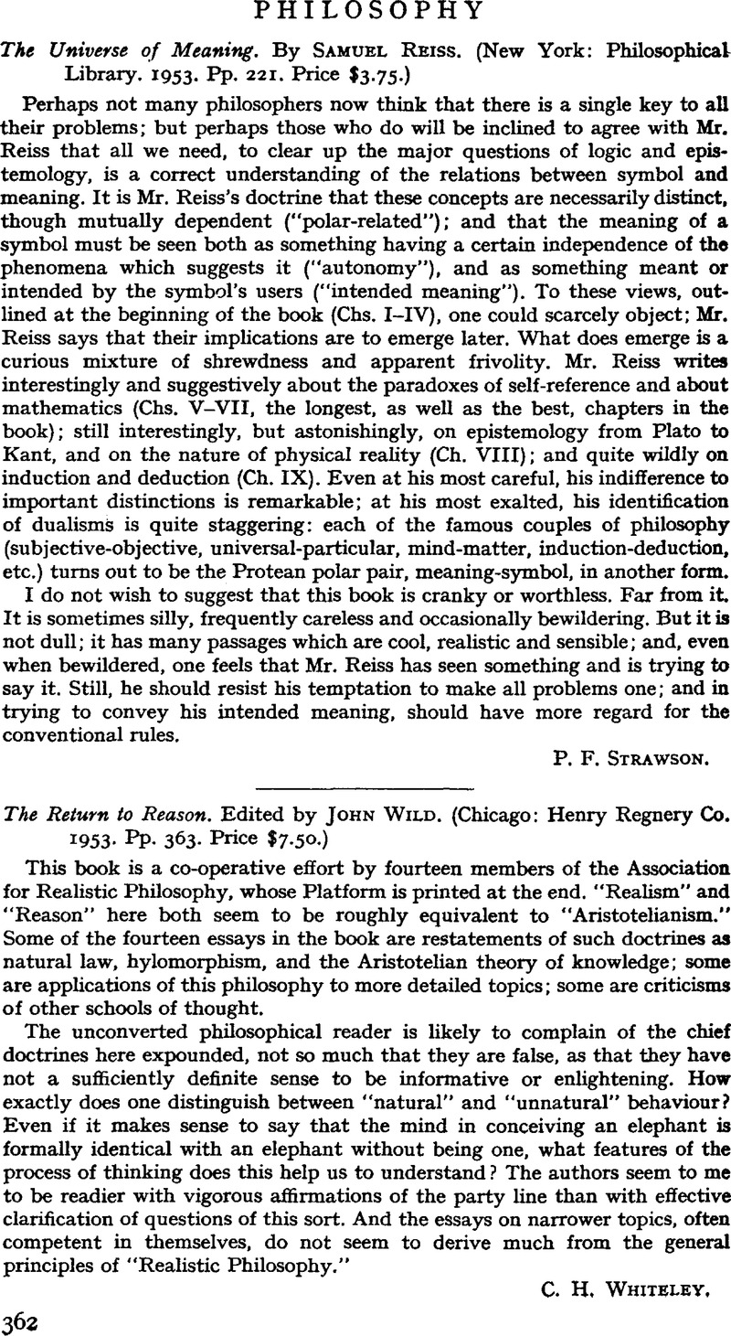 The Universe of Meaning. By Samuel Reiss. (New York: Philosophical ...