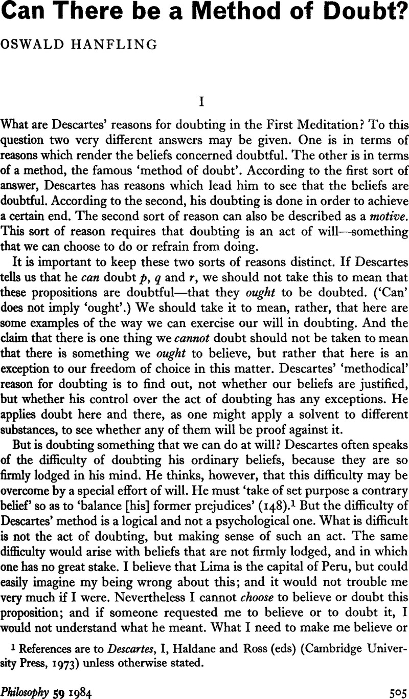 Can There be a Method of Doubt? | Philosophy | Cambridge Core
