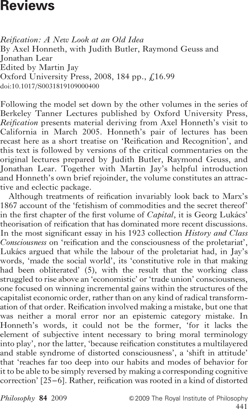 Reviews - Reification: A New Look at an Old Idea By Axel Honneth, with ...