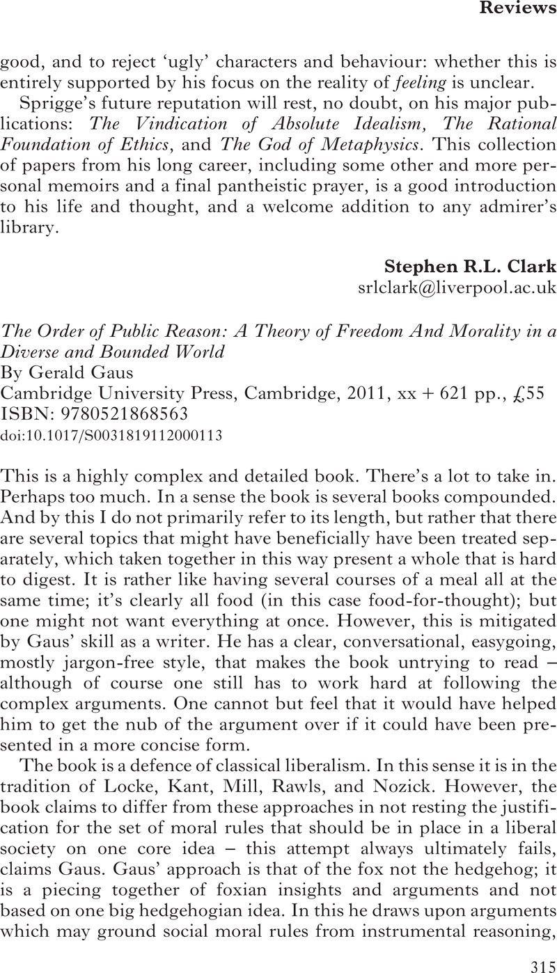 The Order of Public Reason: A Theory of Freedom And Morality in a ...