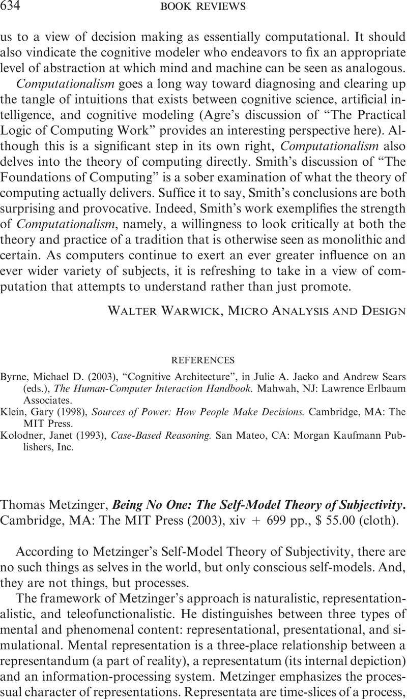 Thomas Metzinger, Being No One: The Self-Model Theory of Subjectivity ...