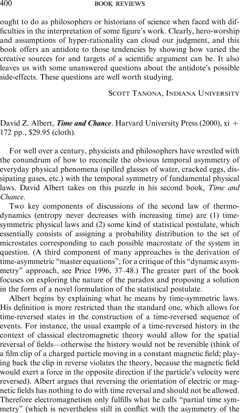 David Z. Albert, Time And Chance. Harvard University Press (2000), xi ...